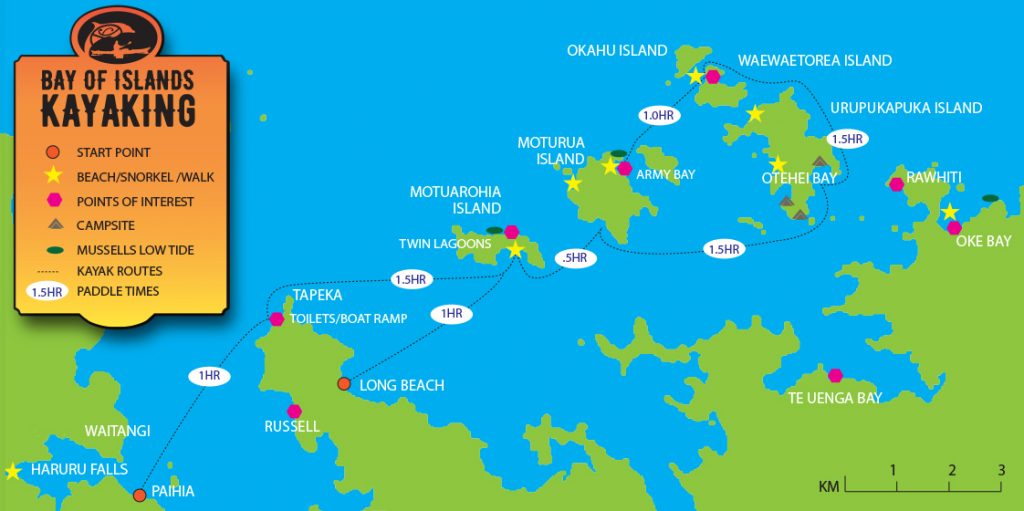 Bay of Islands Kayaking Map - Pahia NZ - Bay of Islands Kayaking